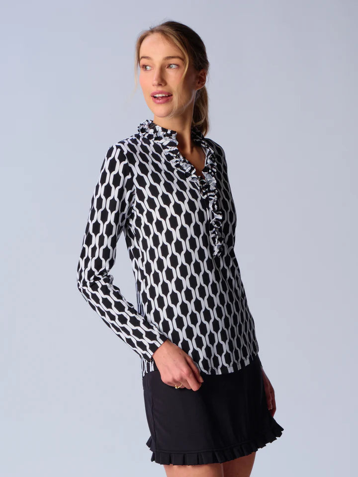 G Lifestyle Long Sleeve Double Ruffle Top -Black Geo – Peanuts and Golf