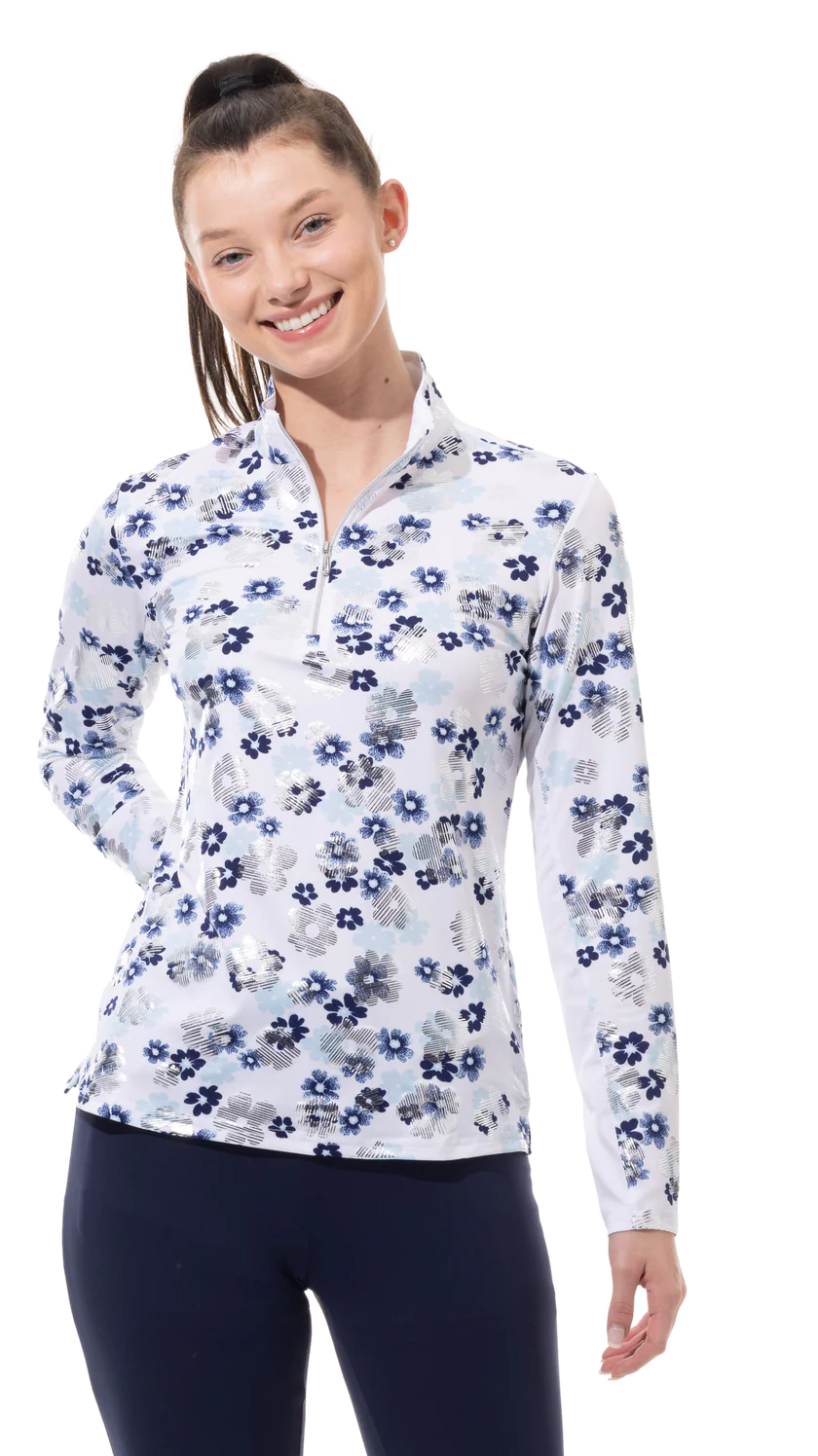 SanSoleil SolShine Long Sleeve Mock - Maisy Navy/Silver – Peanuts and Golf